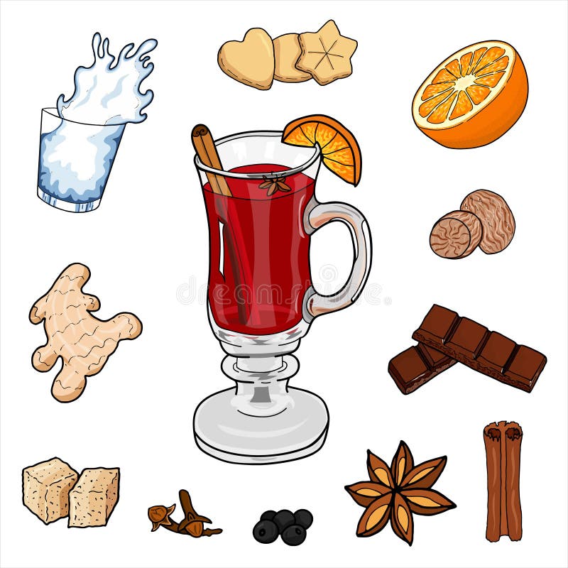 Ingredients for Mulled Wine. Hand Drawing. Vector Illustration. Cartoon ...