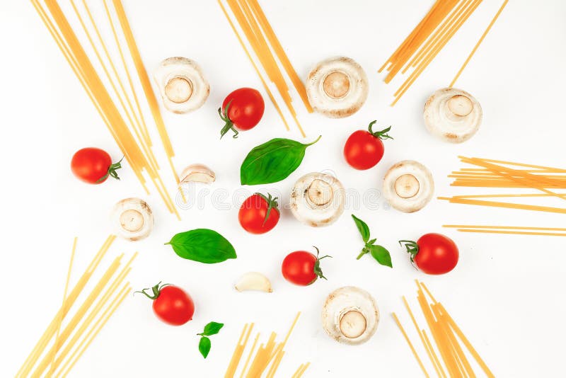 Ingredients for Pasta, Spaghetti. Layout. Flat Layout. Top View. White ...
