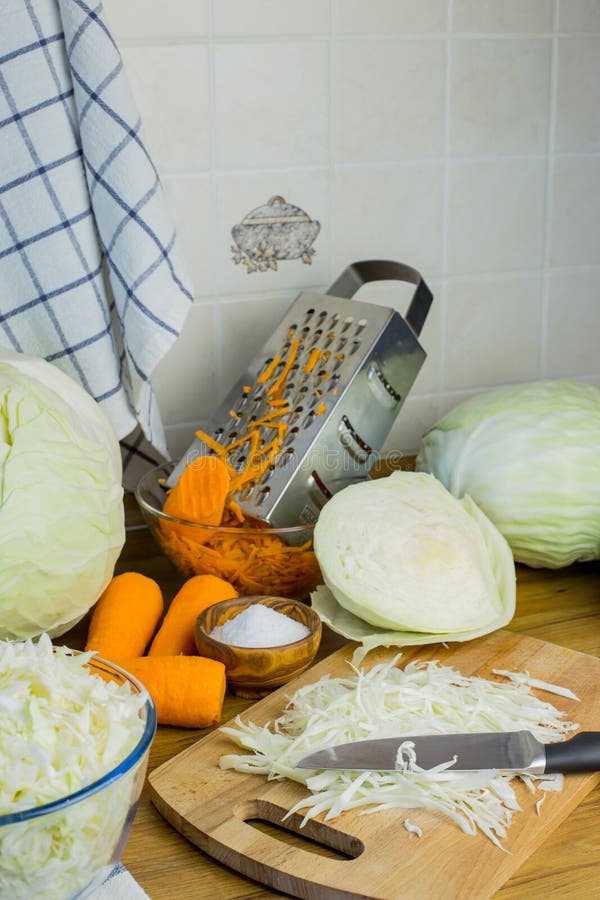 Ingredients for Salting Cabbage. Sliced Cabbage, Carrots and Salt on ...