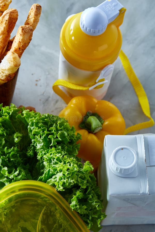 Ingredients for School Lunch and Plastic Container on the Table, Close ...