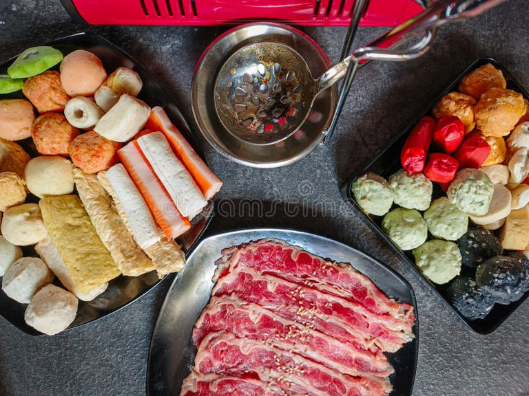 Ingredients for Shabu-shabu Dishes Include Sliced Raw Meat and ...