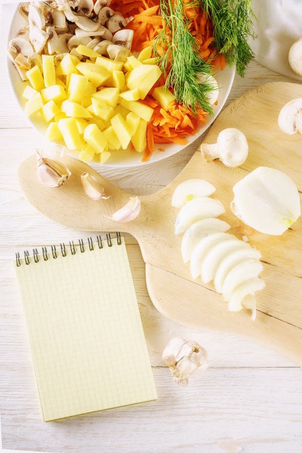 Ingredients for Soup and Notepad Stock Photo - Image of board, organic ...