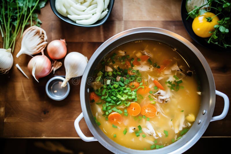 Ingredients Spread Around a Pot of Simmering Soup Stock Image - Image ...