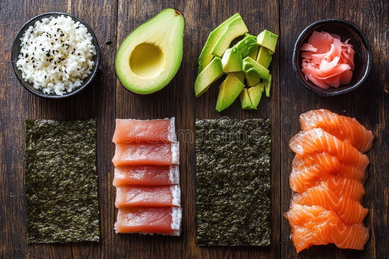 Ingredients for Sushi Preparation, Including Fish, Avocado, Rice, and ...