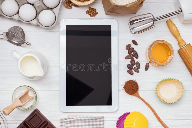 Ingredients and Tools for Baking and Tablet with Blank Screen and Place ...