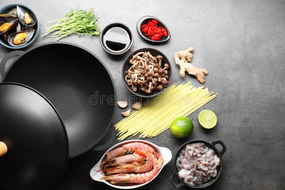 Ingredients for Wok on Grey Table, Flat Lay Stock Photo - Image of ...