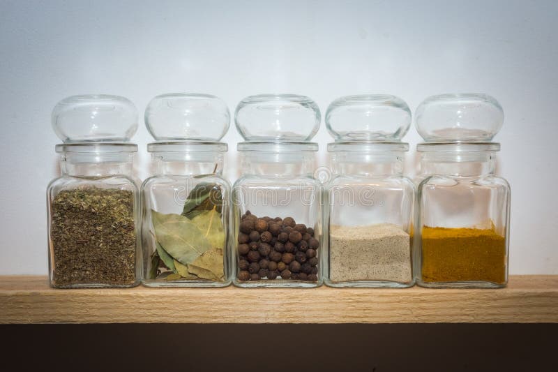 Ingredients on Wooden Shelf in Glass Jars Stock Image - Image of ...
