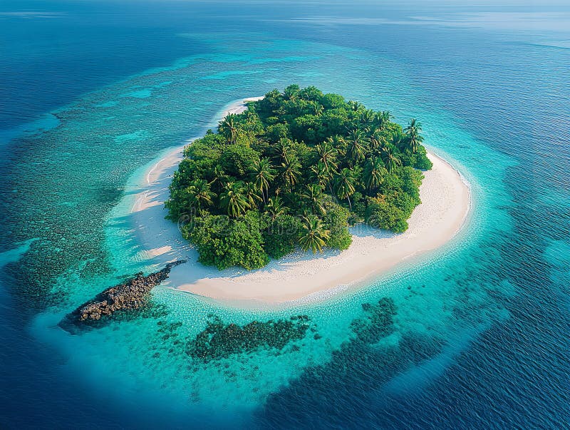 Inhabitable Small Island in Ocean, Drone Camera View Stock Illustration ...