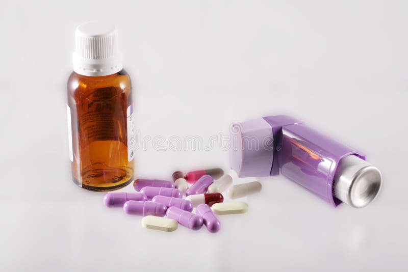 Inhaler, Syrup and Capsules Stock Photo - Image of health, respiration ...