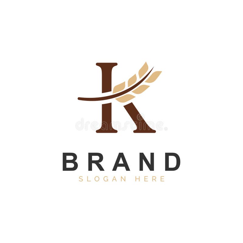 Initial K Letter with Wheat Grain for Bakery, Bread, Logo Design Vector ...
