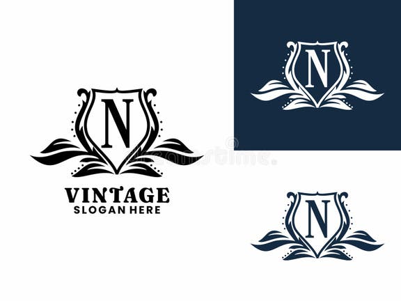 Initial Letter N with Shield and Leaf Logo Design Vector. Vintage ...