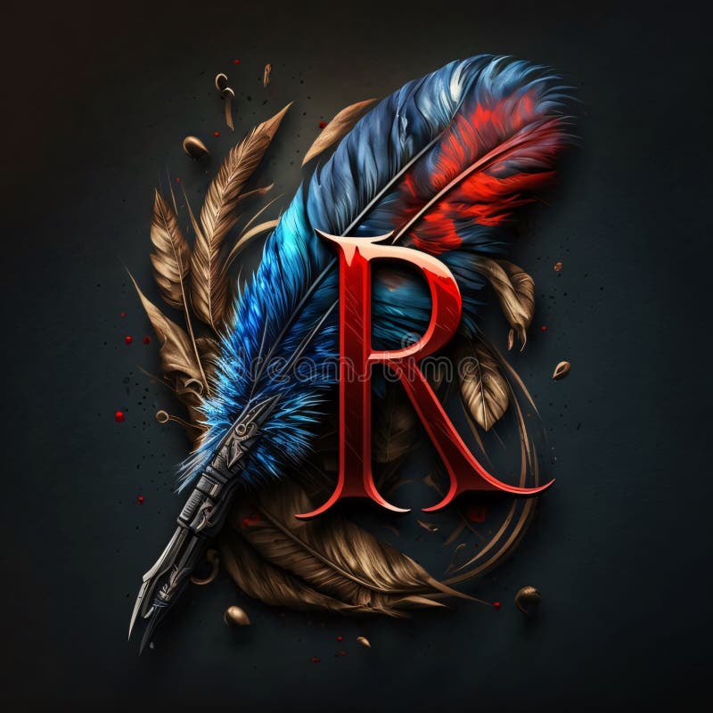 Initial Letter R with Feathers on Black Background. Vector Illustration ...