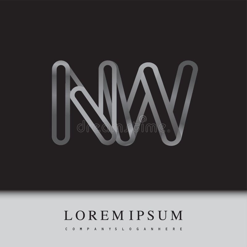 Initial Logo Letter NW, Linked Outline Silver Colored, Rounded Logotype ...