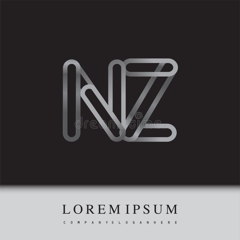 Initial Logo Letter NZ, Linked Outline Silver Colored, Rounded Logotype ...