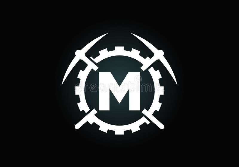 Initial M Monogram Letter Alphabet with Pickaxe and Gear Sign. Mining ...