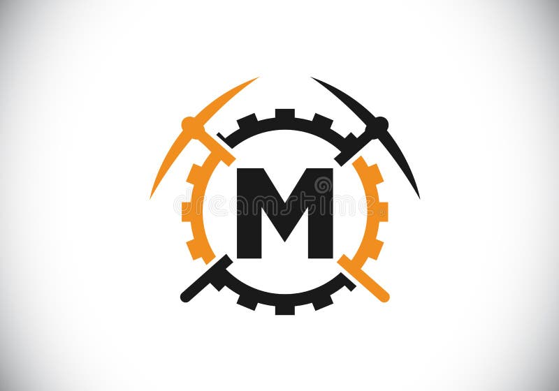 Initial M Monogram Letter Alphabet with Pickaxe and Gear Sign. Mining ...