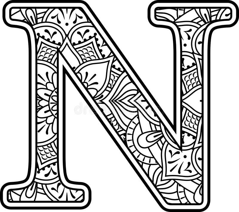 Initial N Doodle Mandala Art Coloring Therapy Stock Vector ...