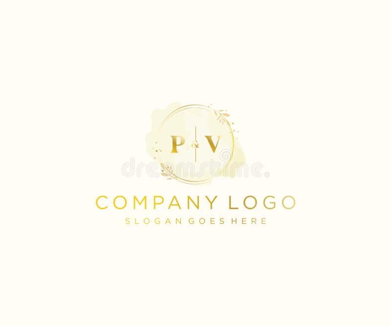 Initial PV Letters Colorful Watercolor Splash with Geometry Golden Leaf ...
