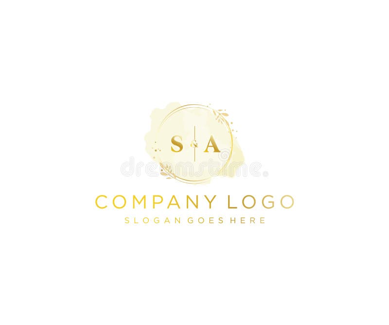 Initial SA Letters Colorful Watercolor Splash with Geometry Golden Leaf ...