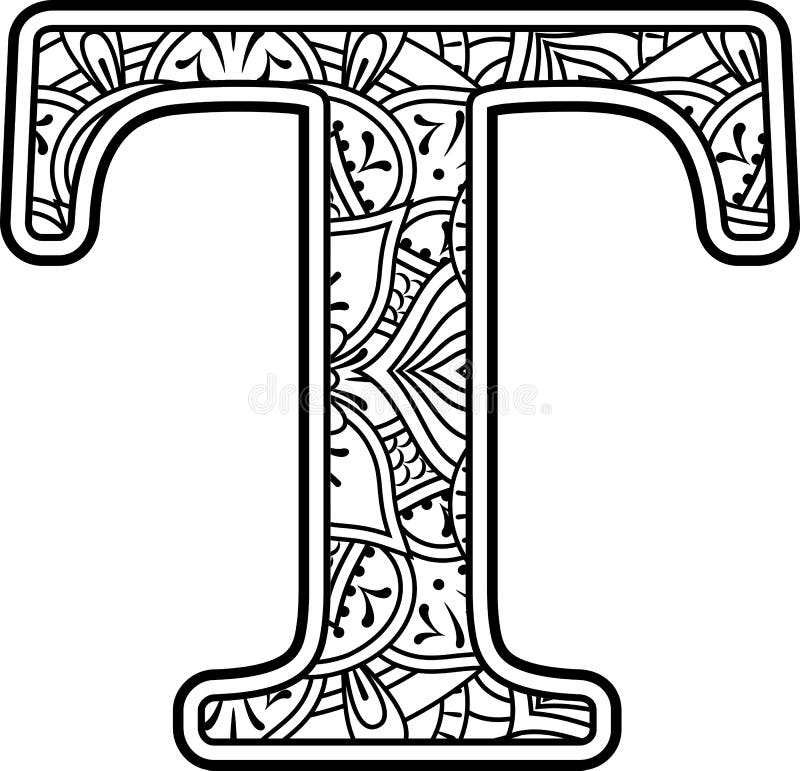 Initial T Doodle Mandala Art Coloring Therapy Stock Vector ...