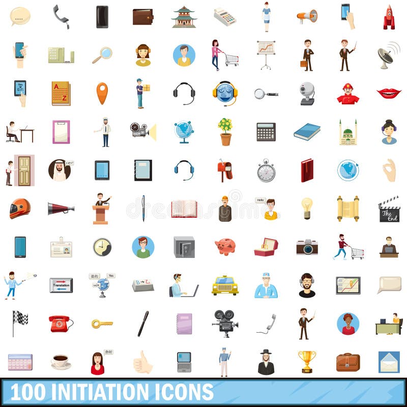 100 Initiation Icons Set, Cartoon Style Stock Vector - Illustration of ...