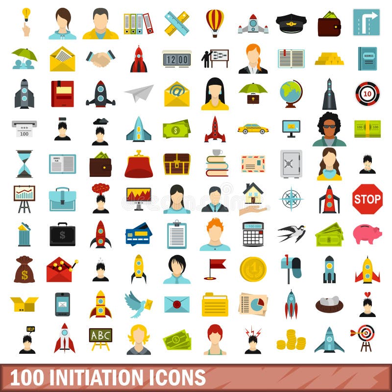 100 Initiation Icons Set, Flat Style Stock Vector - Illustration of ...