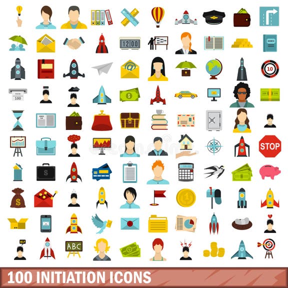 100 Initiation Icons Set, Flat Style Stock Vector - Illustration of ...