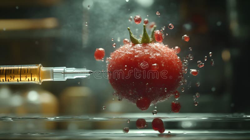 Injecting Red Tomato with Liquid Using Syringe Close-up Stock Image ...