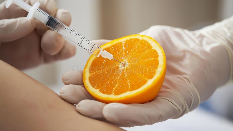 Injection into Orange Half Held by Gloved Hands, Representing ...