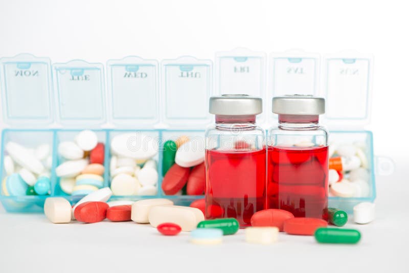 Injection Vials and Medicine in Weekly Pill Box Stock Image - Image of ...
