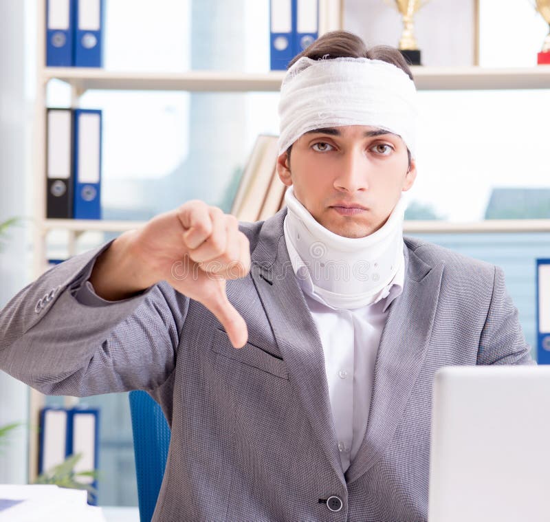 Injured Businessman Working in the Office Stock Image - Image of neck ...