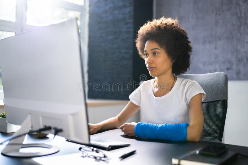 Injured Worker Compensation. Broken Arm African Woman Stock Photo ...