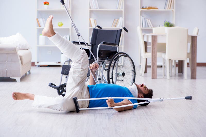 The Injured Young Man Recovering at Home Stock Image - Image of crutch ...