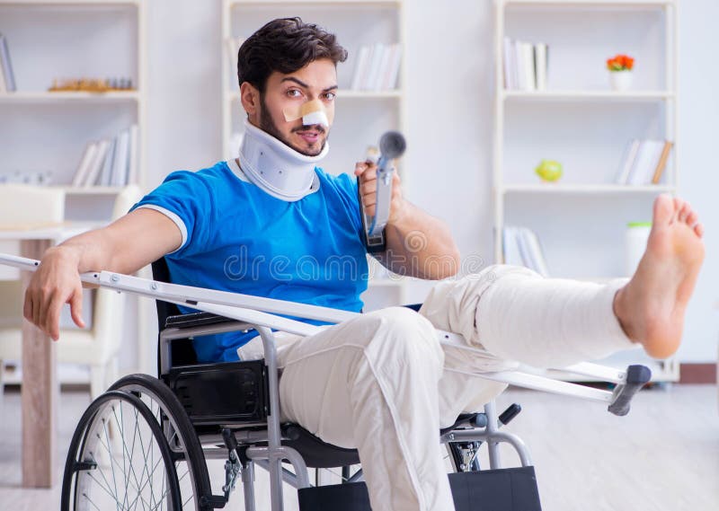 Injured Young Man Recovering at Home Stock Photo - Image of orthopedic ...