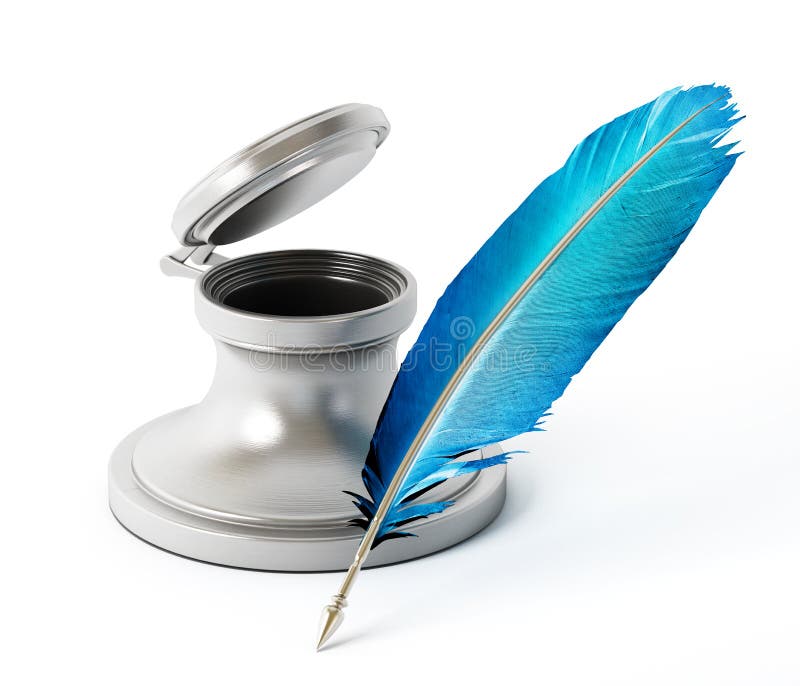 Ink Bottle and Quill Isolated on White Background. 3D Illustration ...