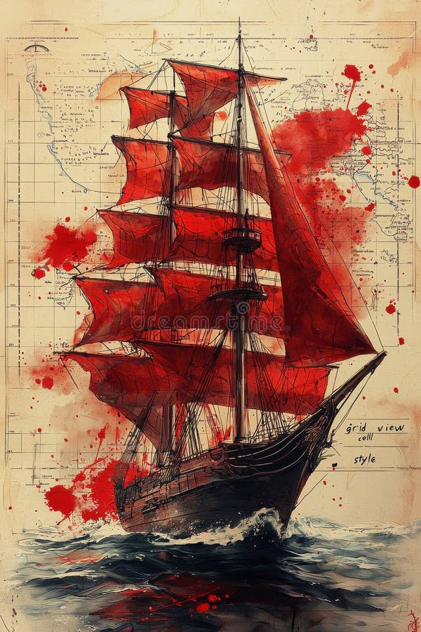 Ink Drawing of an Ancient Ship with Vibrant Red Sails on Map Background ...