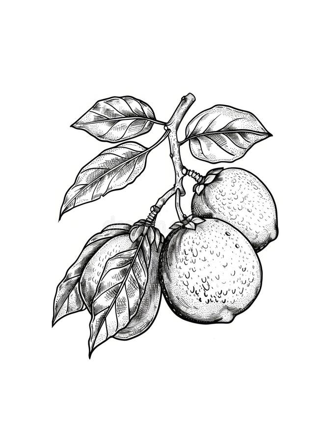 Ink Drawing of Citrus Branch with Round Fruit and Pointed Leaves on ...
