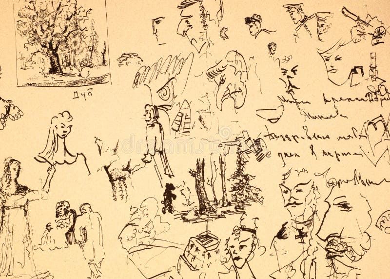 Ink Drawing with Different Faces and Elements Stock Illustration ...