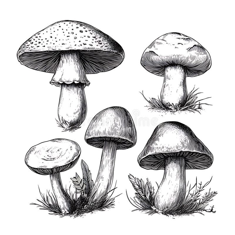 Ink Drawing of Five Different Mushrooms, Detailed Illustration Ink ...