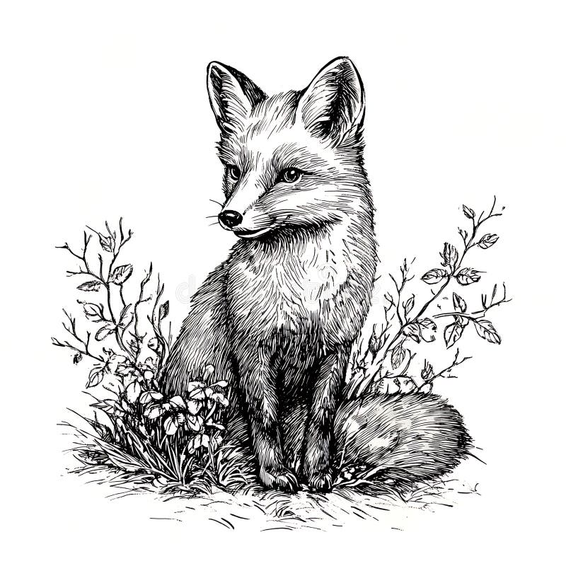 Ink Drawing of a Fox Sitting Amidst Foliage Ink Sketch Stock ...