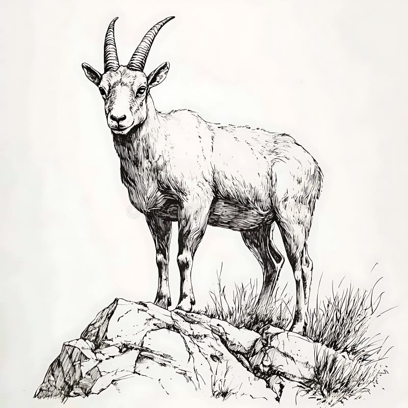Ink Drawing of a Majestic Ibex Standing on a Rocky Outcrop Ink Sketch ...
