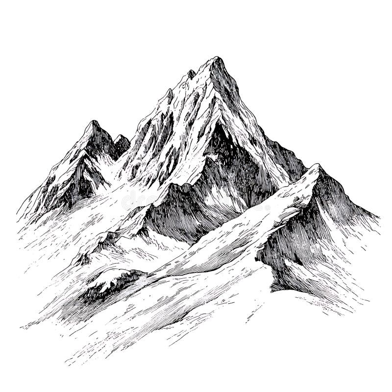 Ink Drawing of Majestic Snow-capped Mountains Ink Sketch Stock ...
