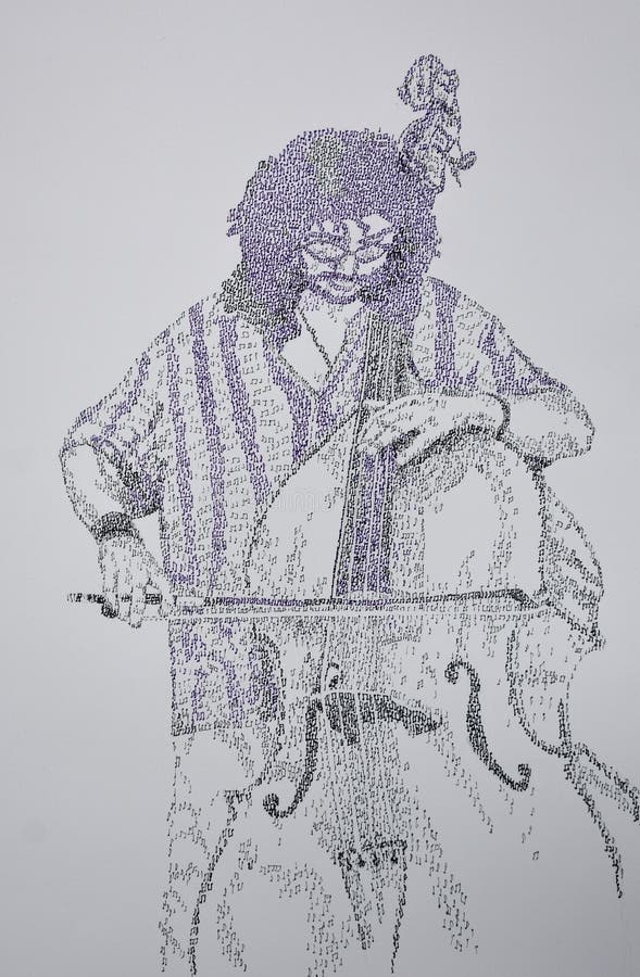 Ink Drawing of Man Playing Double Bass Produce by Hand Using Tiny Notes ...