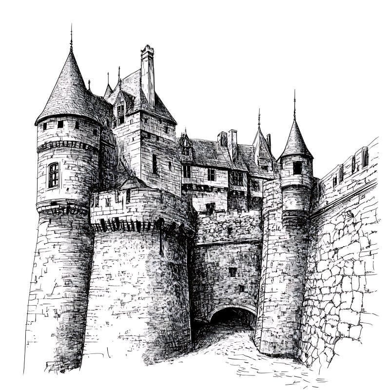 Ink Drawing of a Medieval Castle with Towers, Walls, and a Gatehouse ...