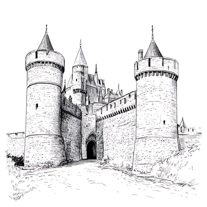 Ink Drawing of a Medieval Castle with Two Large Towers and a Gatehouse ...