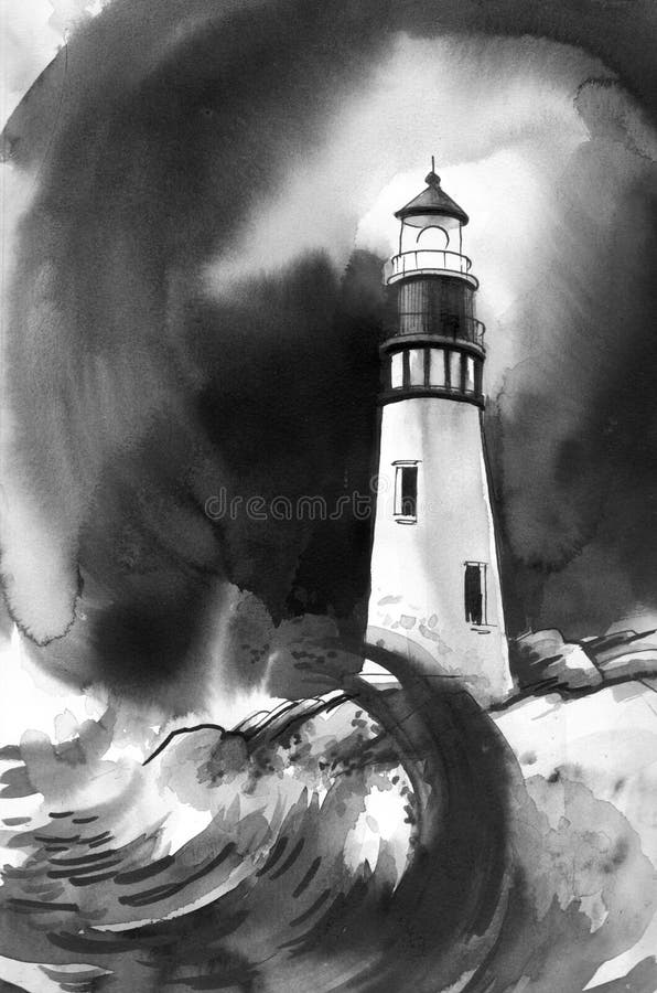 Lighthouse in the night stock illustration. Illustration of night ...