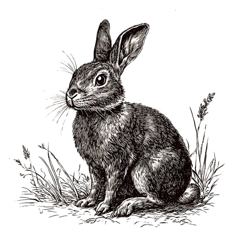 Ink Drawing of a Rabbit in Grass Stock Illustration - Illustration of ...