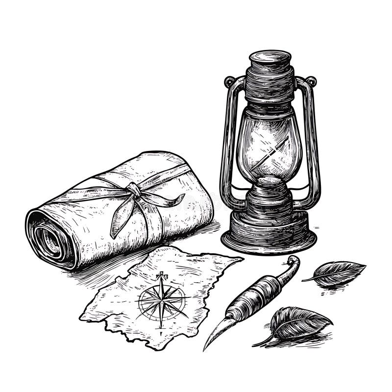 Ink Drawing of a Rolled Map, Compass, Lantern, and Quill Ink Sketch ...