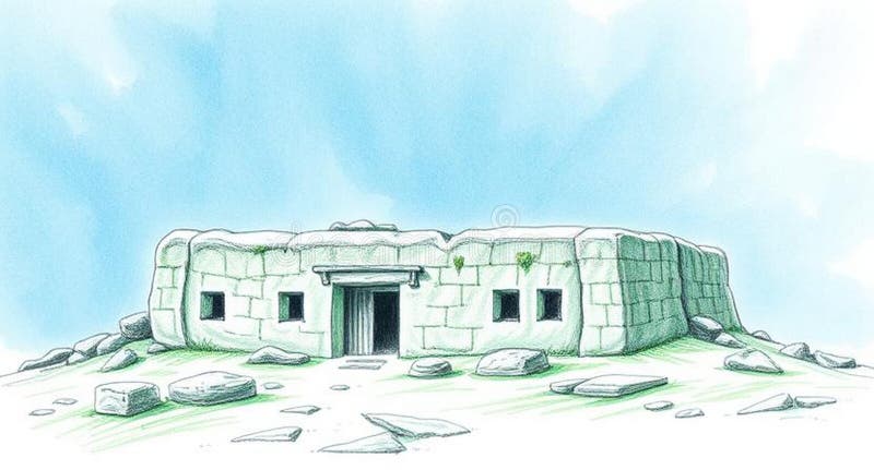 Simple Ancient Architecture Drawing in Neolithic Style with Stones and ...
