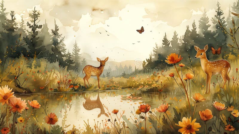 Ink Drawing of Some Fawns in a Forest among Flowers Stock Illustration ...